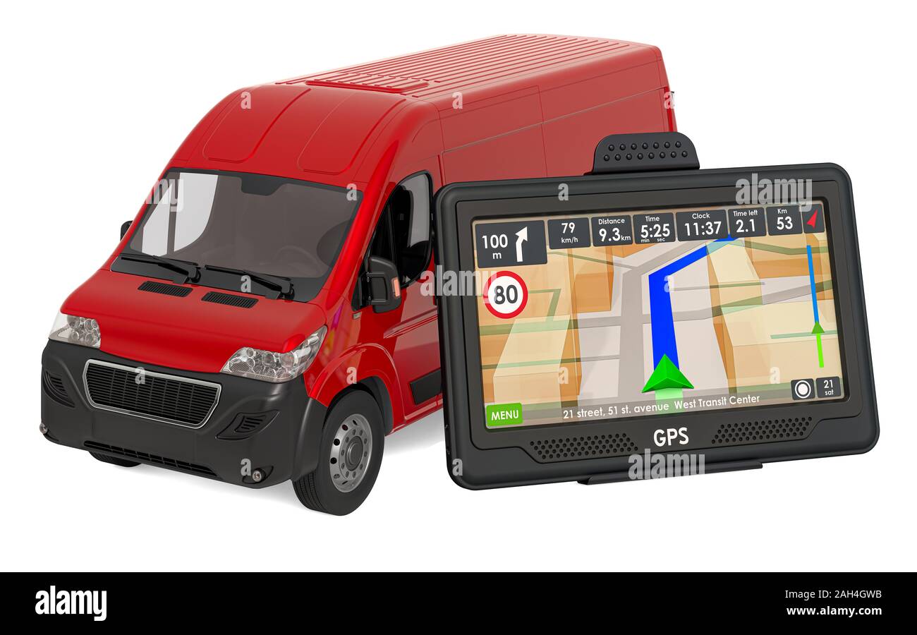 GPS navigation with delivery van, 3D rendering isolated on white ...