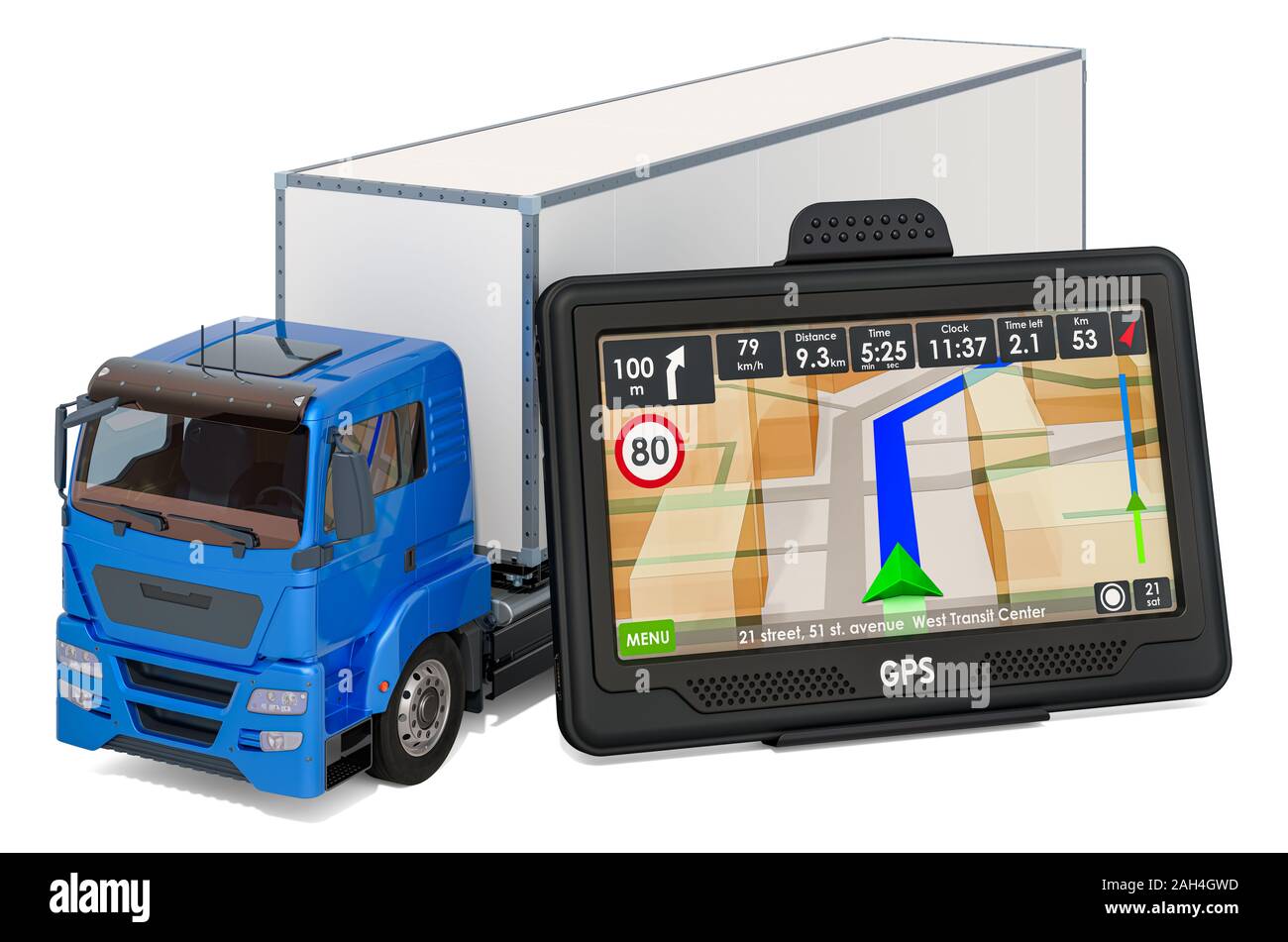 GPS navigation with truck, 3D rendering isolated on white background ...
