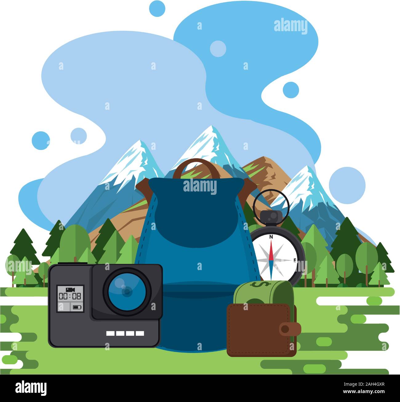 world travel scene with set icons in the landscape Stock Vector Image ...