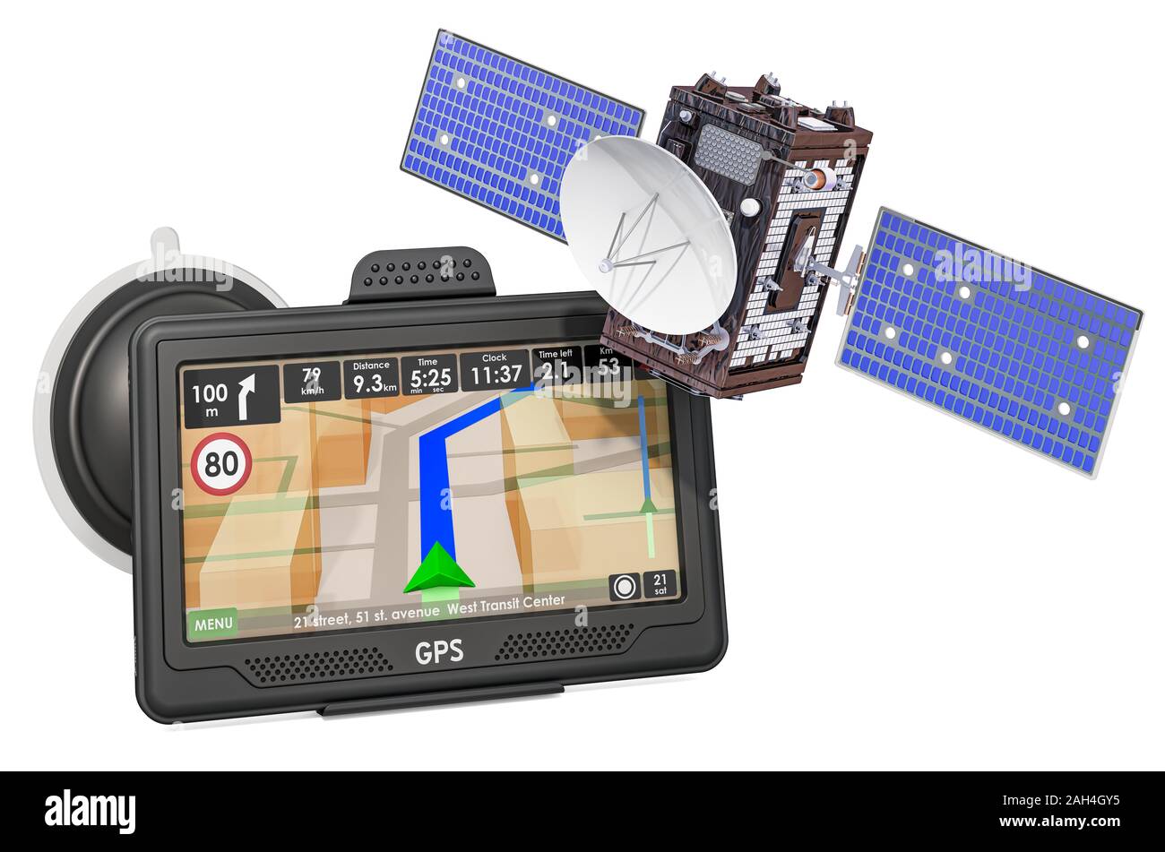 GPS navigator with satellite, 3D rendering isolated on white background ...