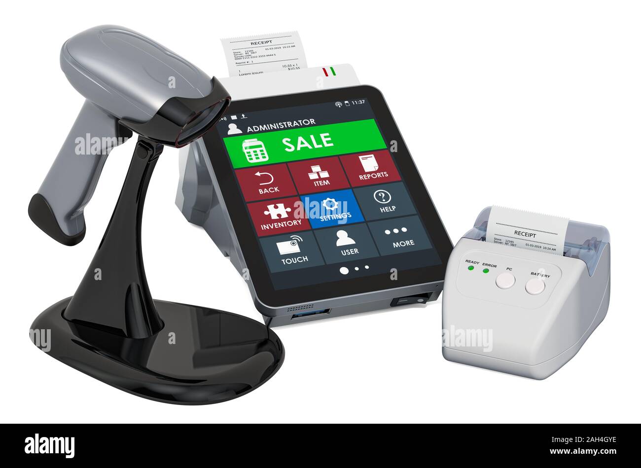 Online cash register, receipt printer, barcode reader with POS-terminal ...