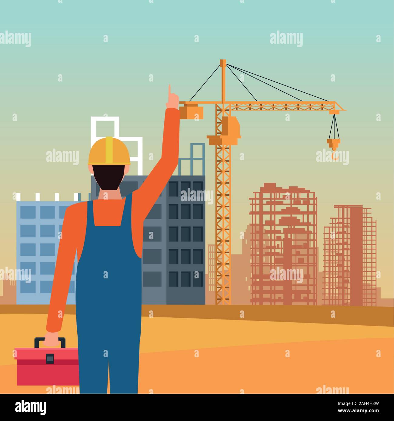 construction worker standing over under construction scenery, colorful ...