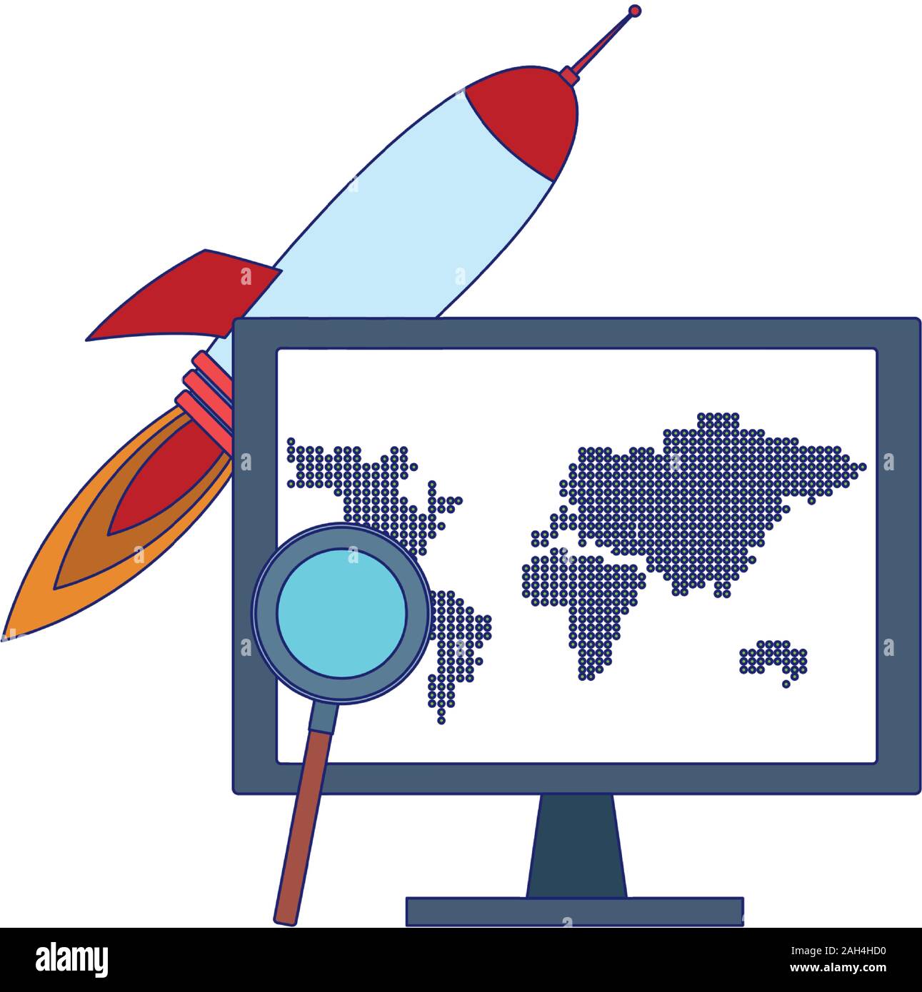 space rocket and computer with magnifying glass Stock Vector Image ...