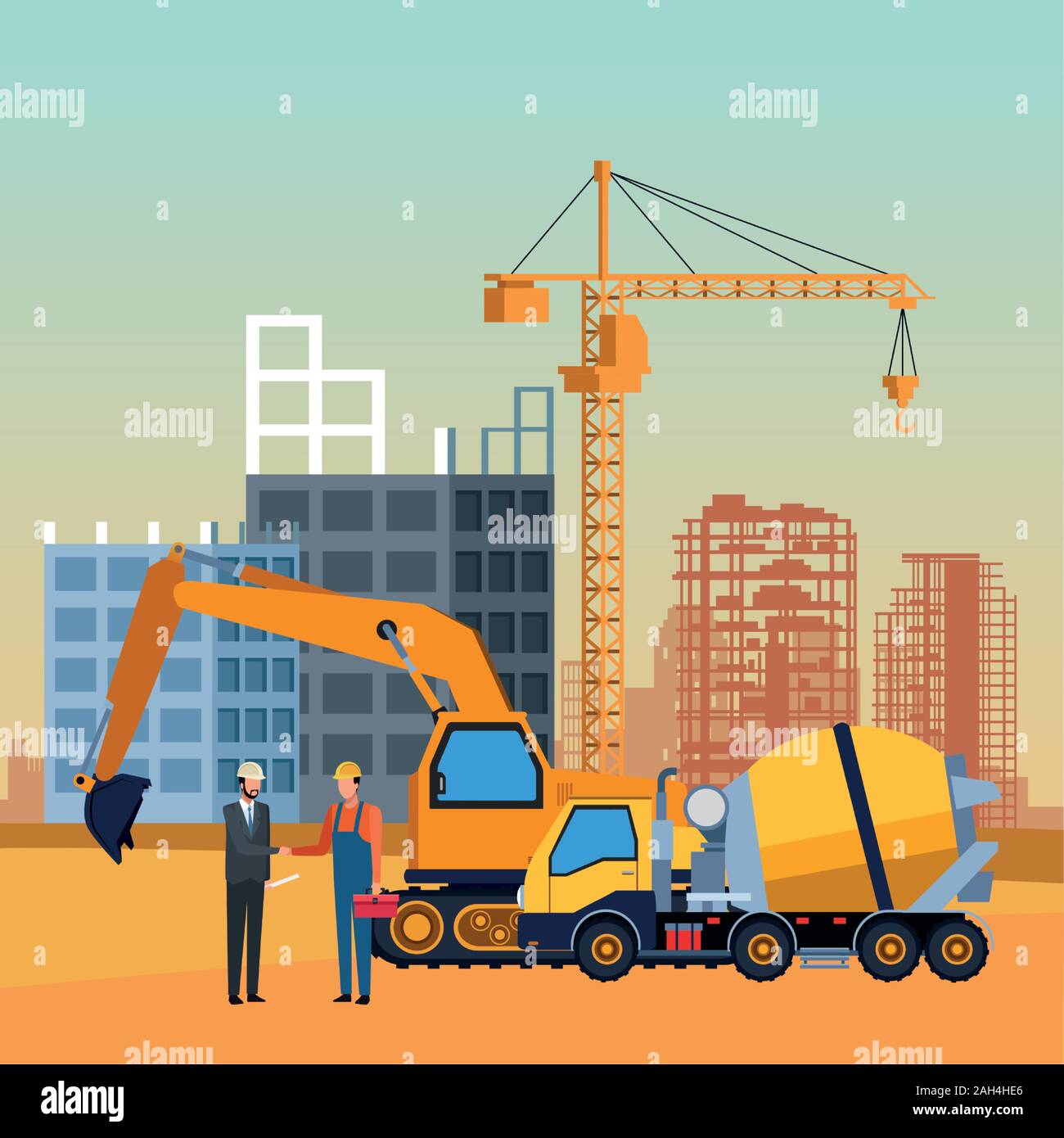 construction trucks and workers over under construction scenery Stock ...