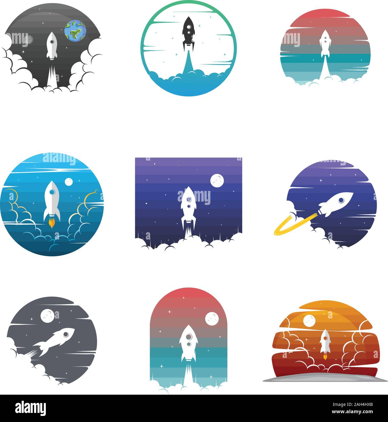 rocket ship launch space travel sign badge label logo set vector Stock ...