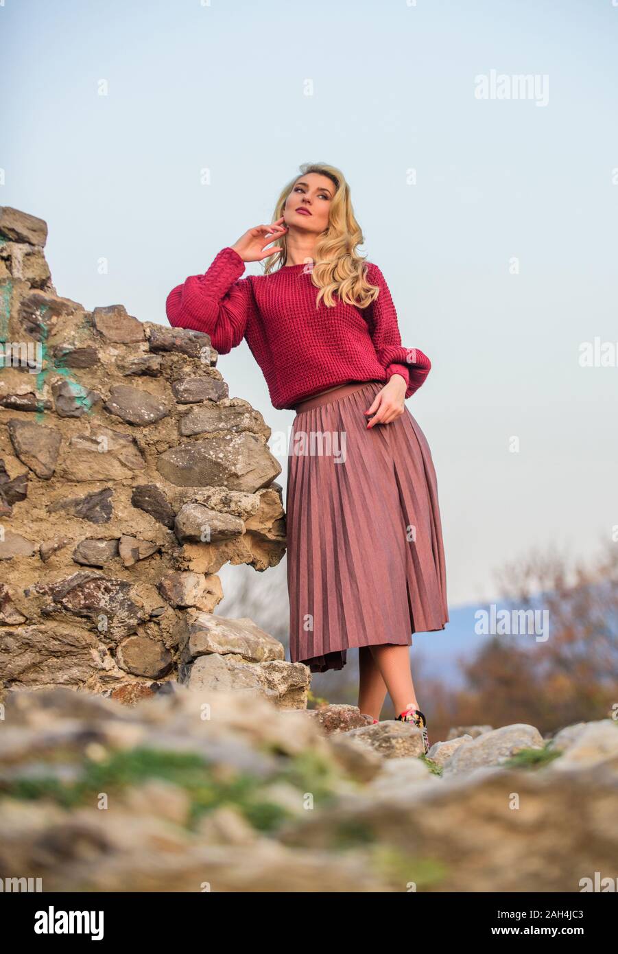 Elegance concept. Fancy girl makeup face wear knitted sweater. Messy ...