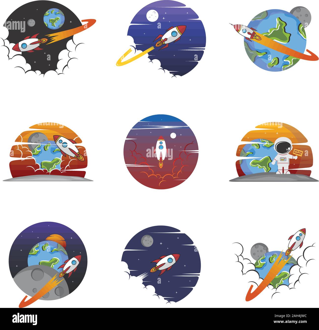 rocket ship launch space travel sign badge label logo set vector Stock ...