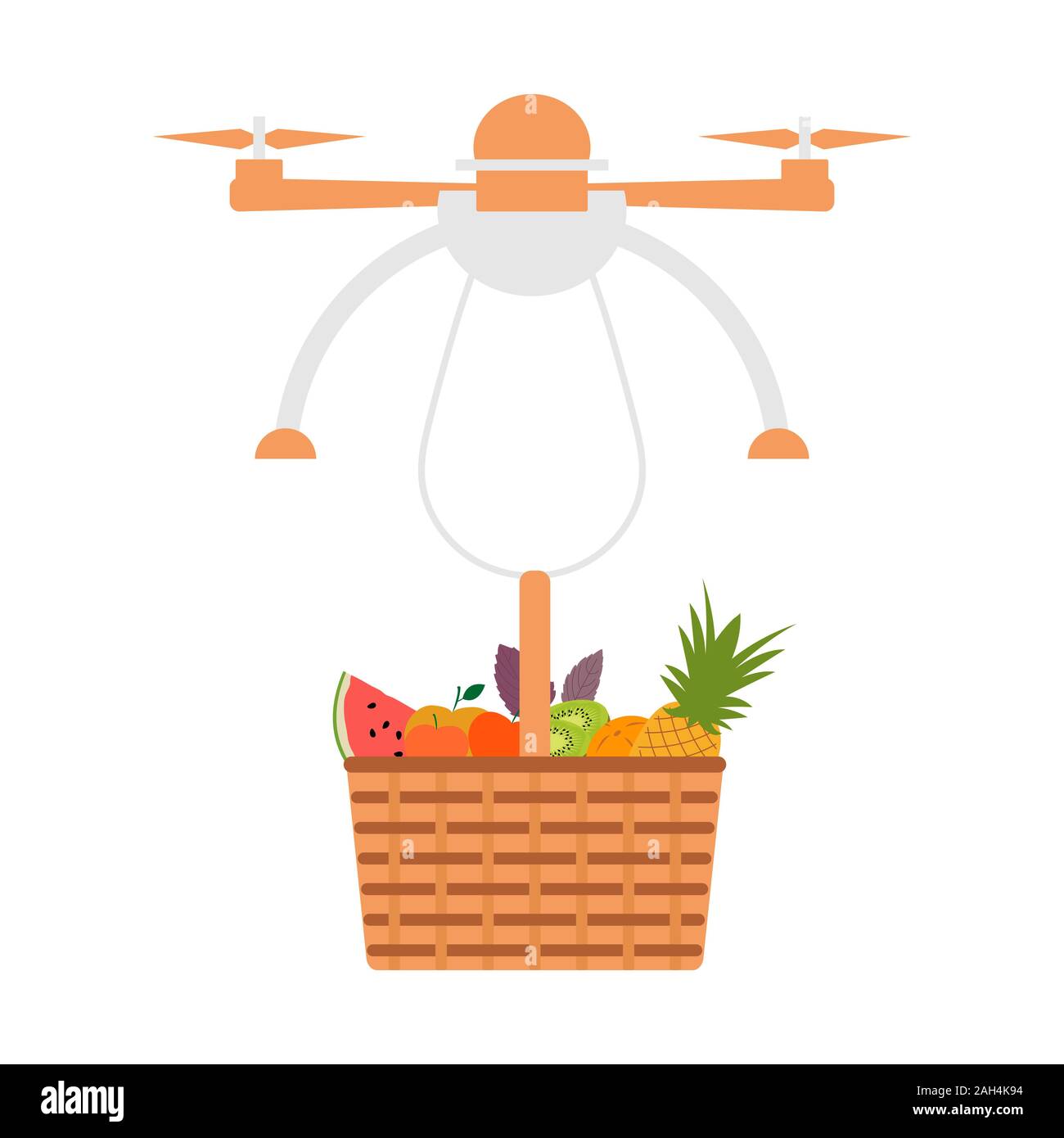 Vector illustration Drone flying through the air and carries food ...