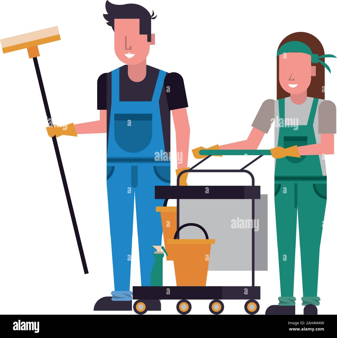 housekepping workers couple with equipment characters Stock Vector ...