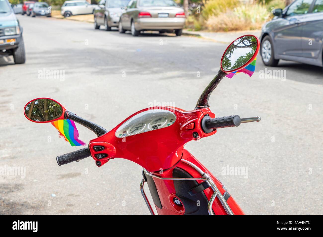 red moped with rainbow flags and copy space in Seattle Washington State ...