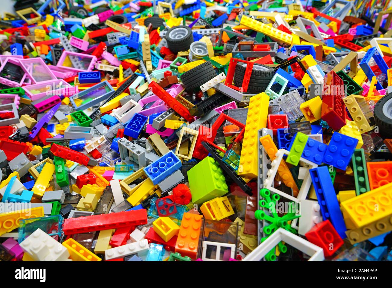 MELBOURNE, AUSTRALIA -16 JUL 2019- View of colorful LEGO bricks and ...