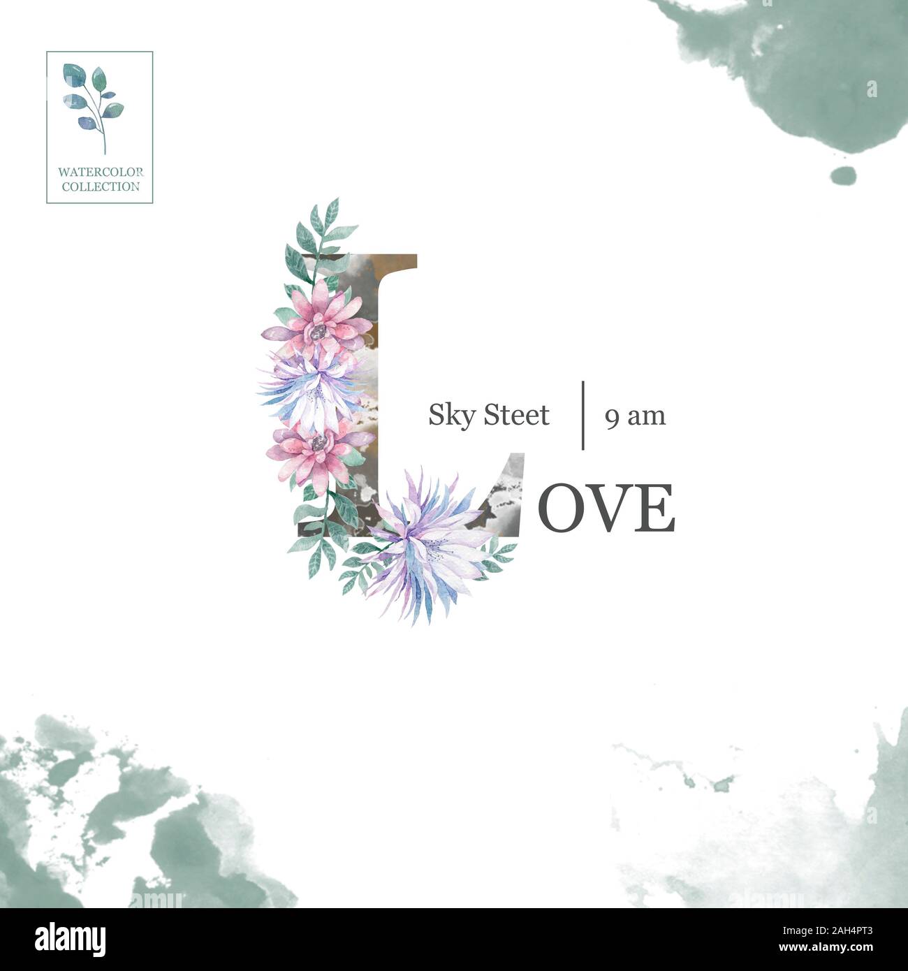 Stylish floral card. Love word made of flowers, birds and leafs ...