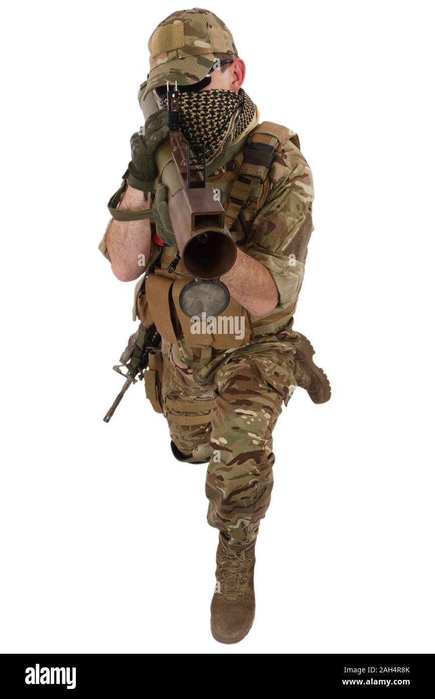 Private Military Company operator shoots from an RPG rocket launcher ...