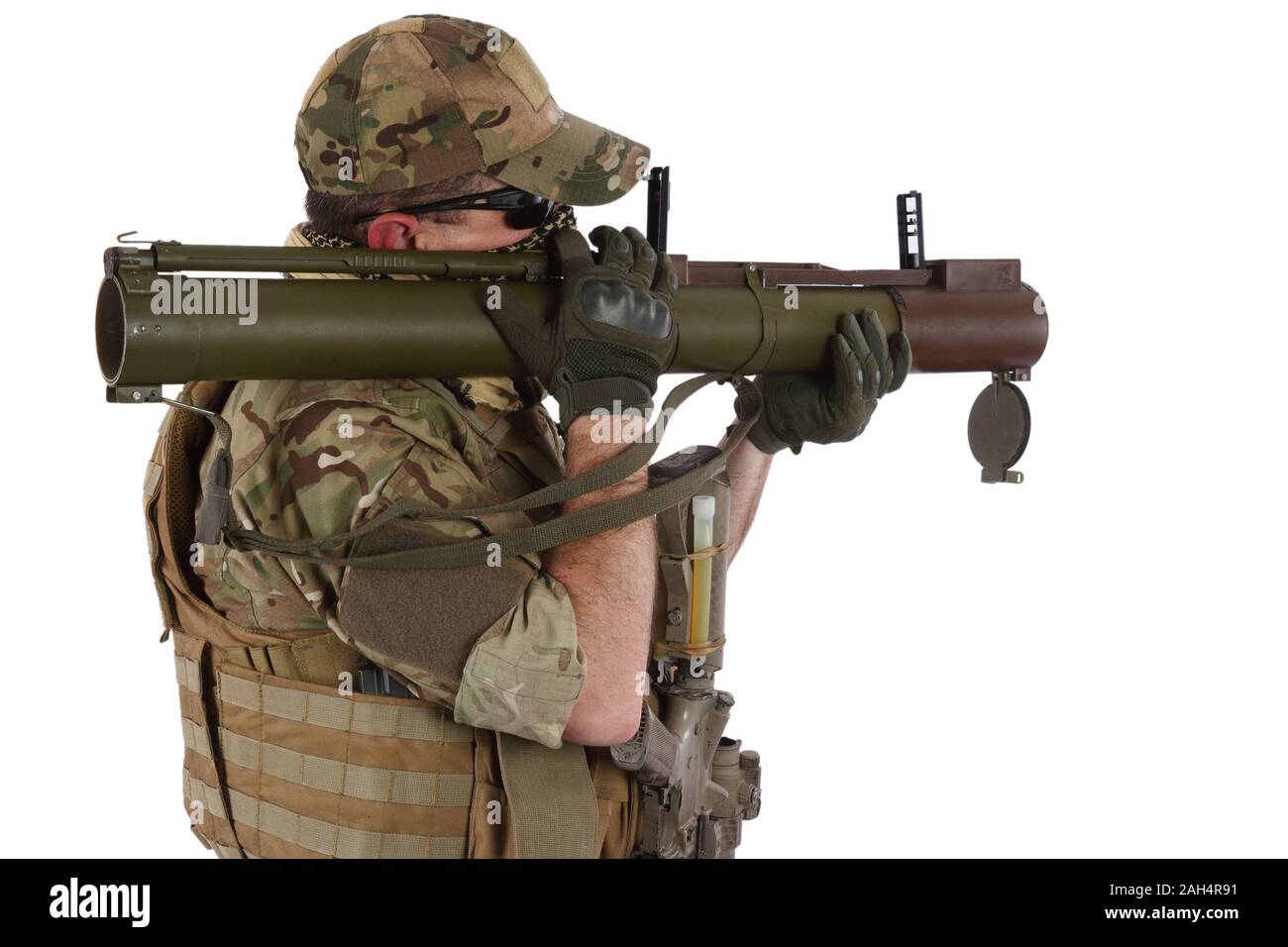 Private Military Company operator shoots from an RPG rocket launcher ...