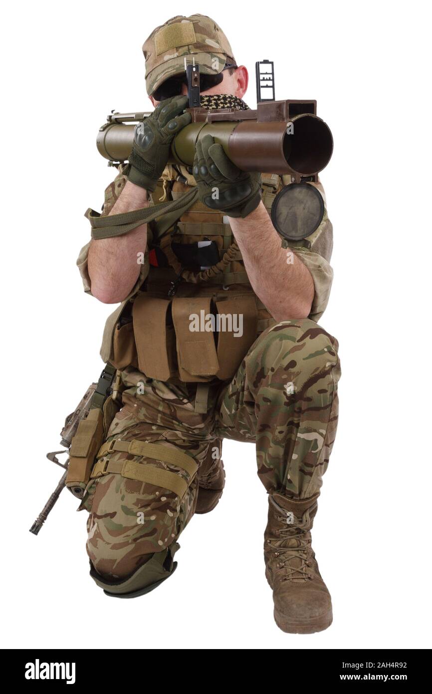 Private Military Company operator shoots from an RPG rocket launcher ...
