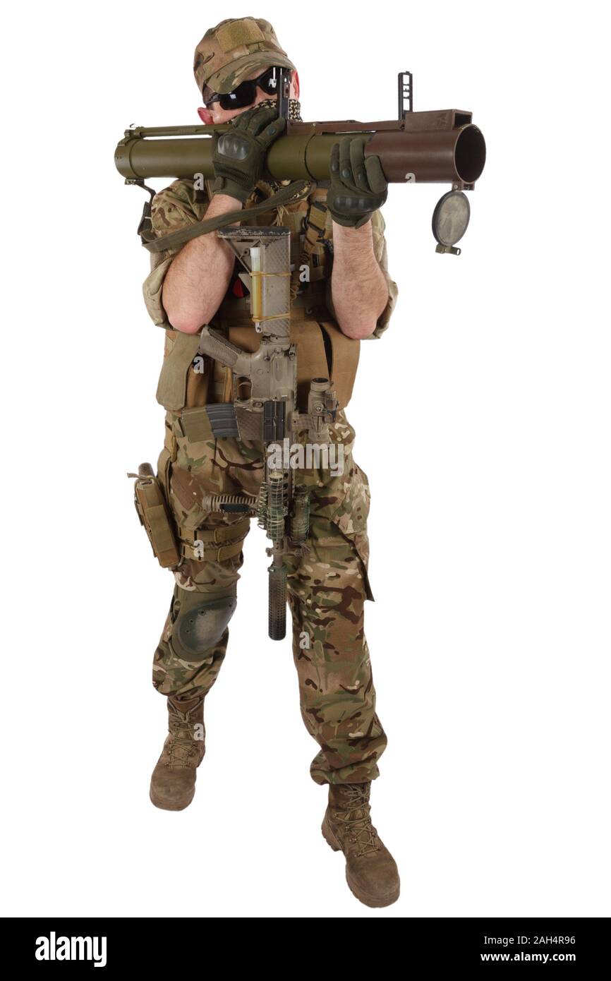 Private Military Company operator shoots from an RPG rocket launcher ...