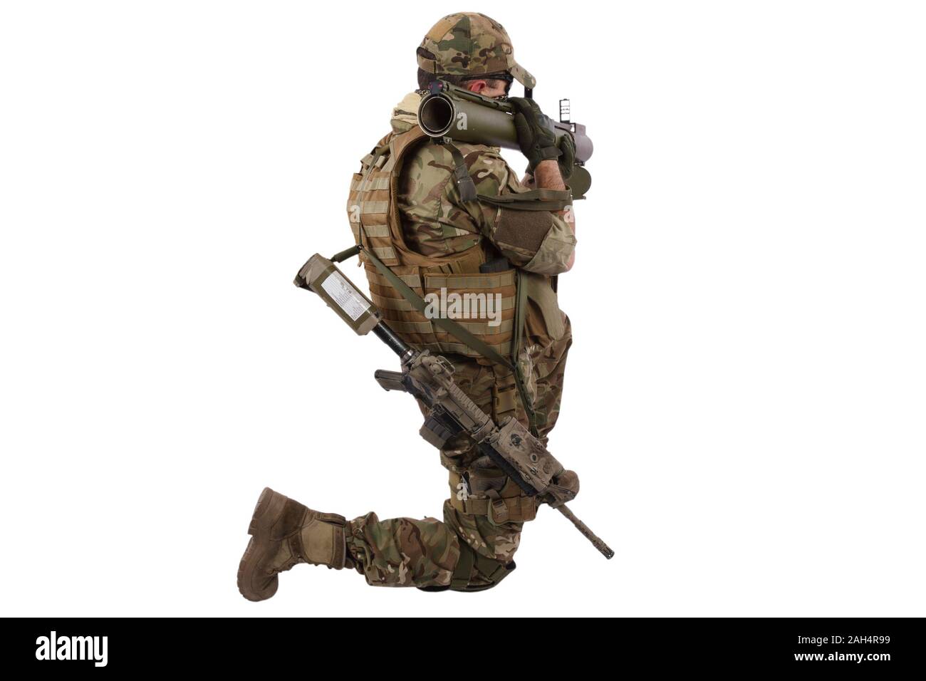 Private Military Company operator shoots from an RPG rocket launcher ...