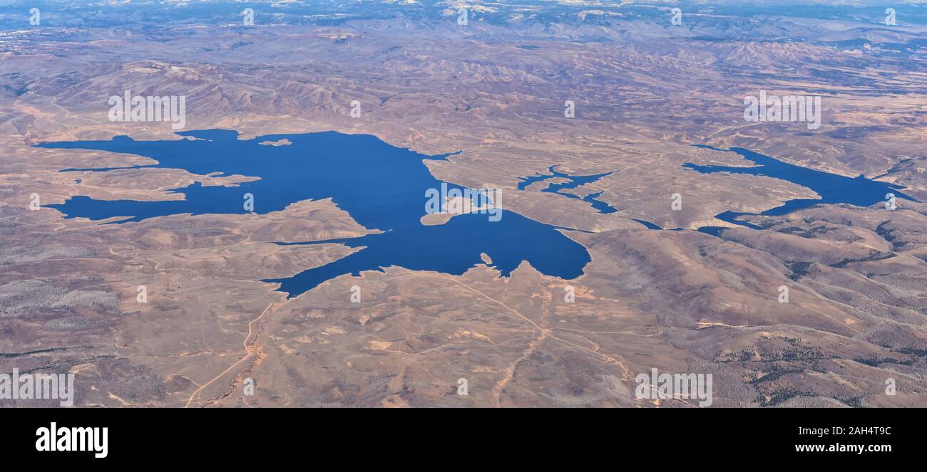 Strawberry Reservoir Bay lake aerial drone view from airplane in Fall ...