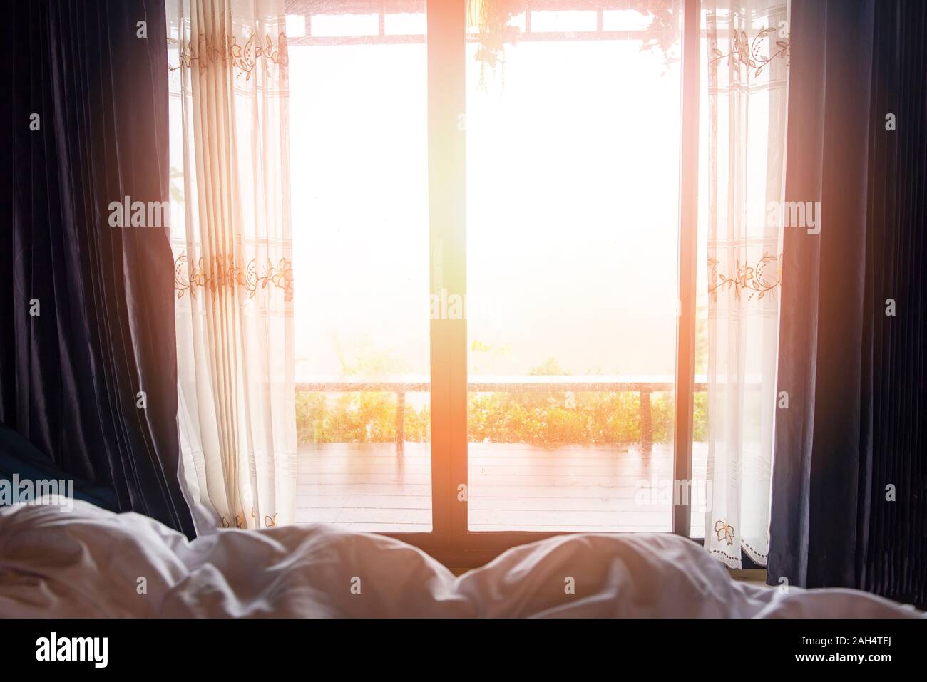 window view nature green mountain in the bed at bedroom morning and ...