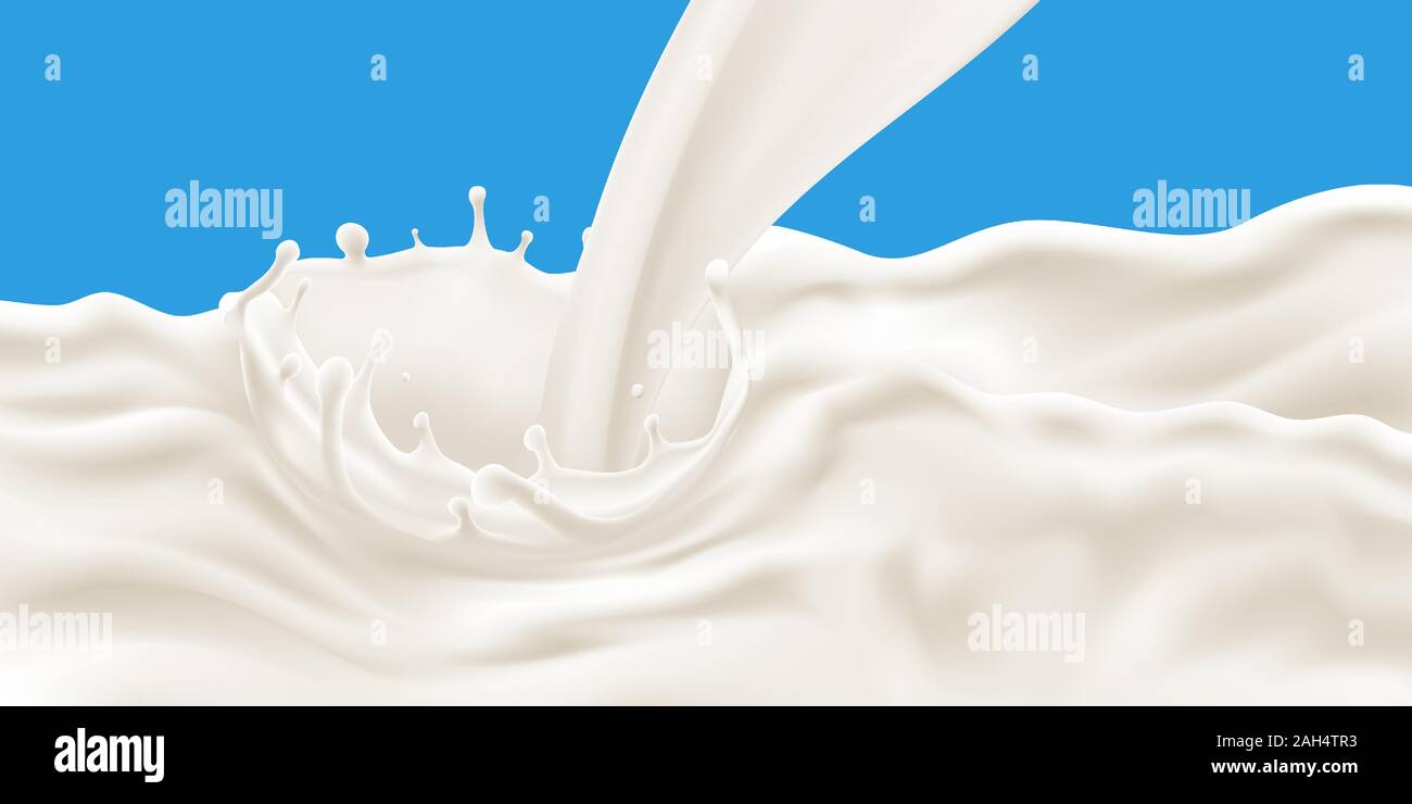 Splashing and flowing milk wave on blue background. Vector illustration ...