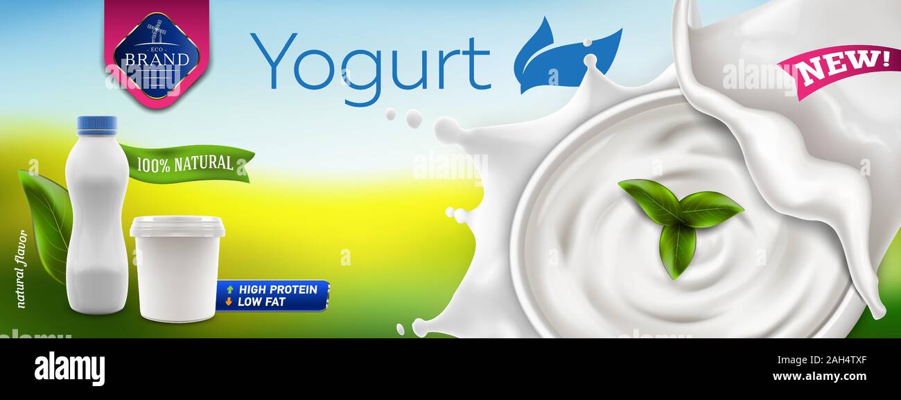 Natural Greek and drink Yogurt ads banner with bowl of cream in milk ...