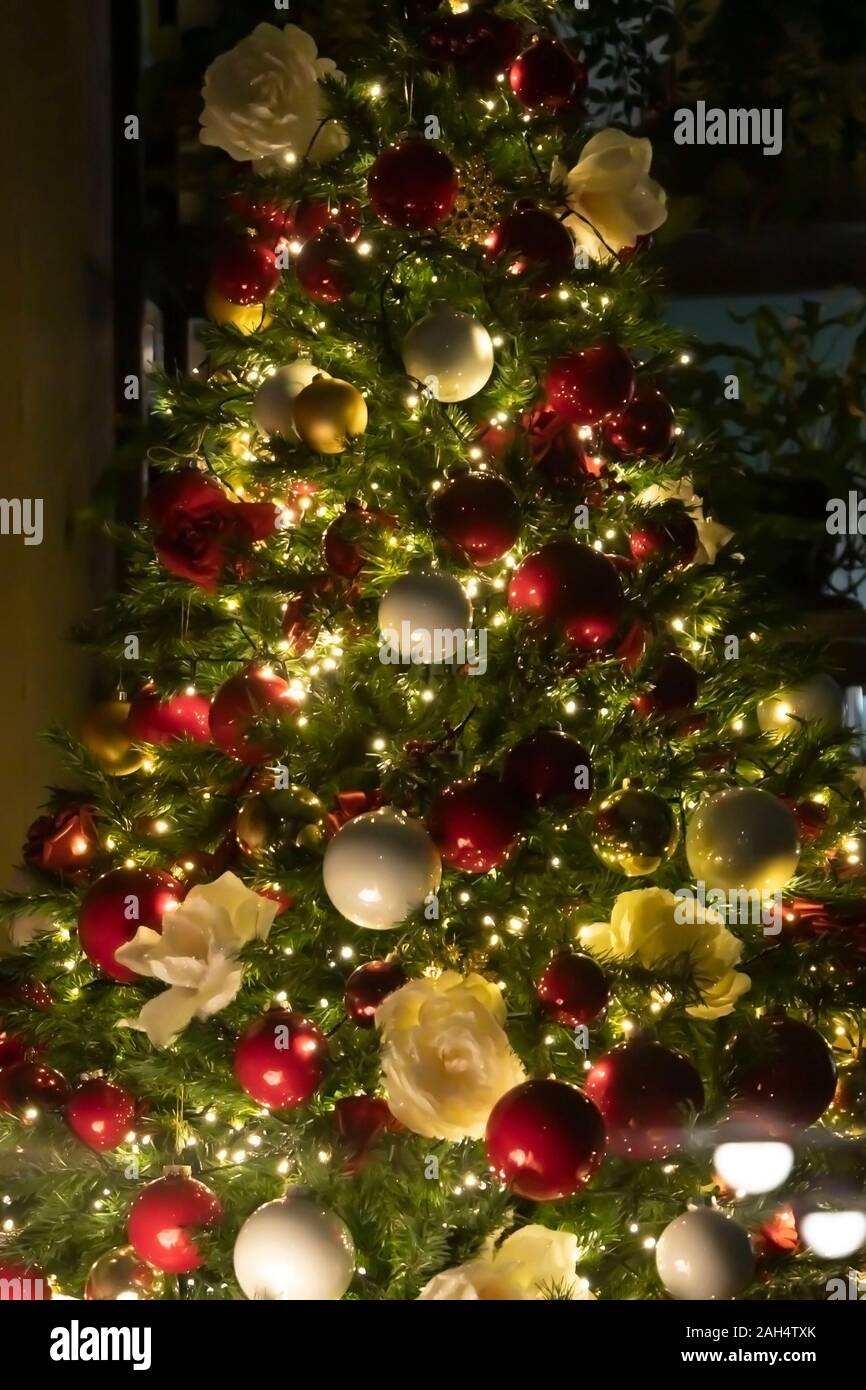 Christmas tree background , baubles and branch of spruce tree Stock ...