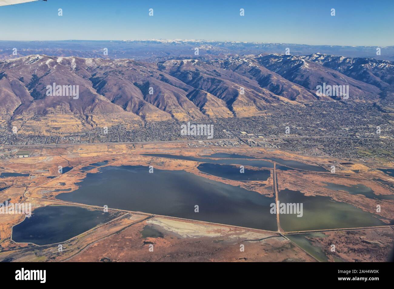 Wasatch Front Rocky Mountain Range Aerial view from airplane in fall ...