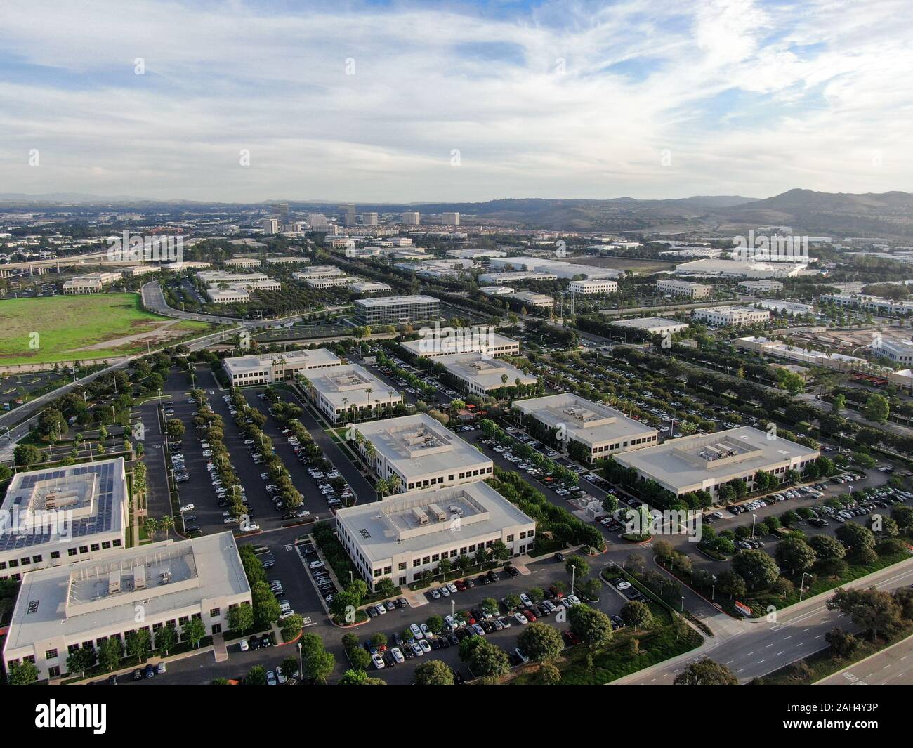 Aerial view of business and finance district with new office building ...