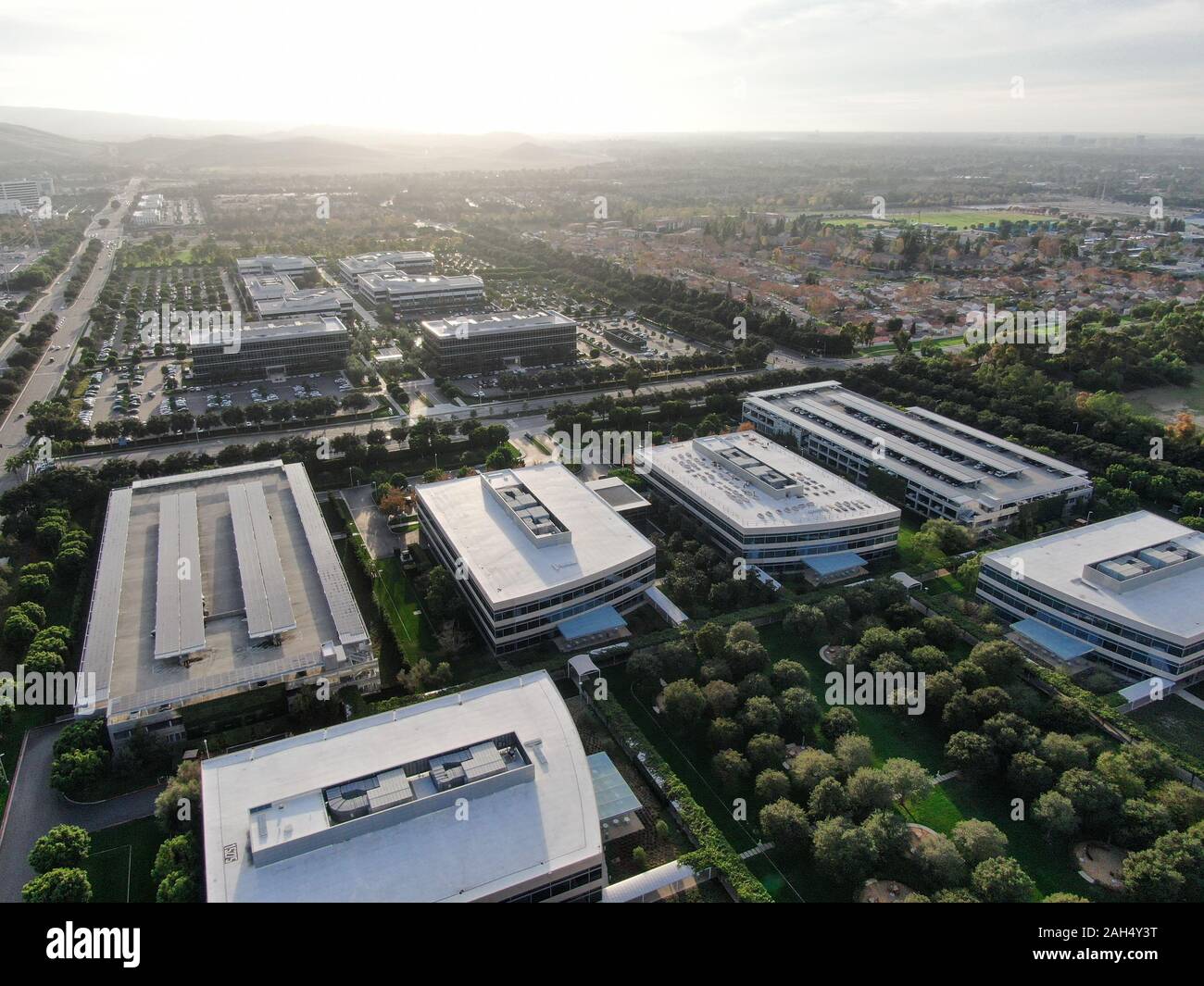 Aerial view of business and finance district with new office building ...
