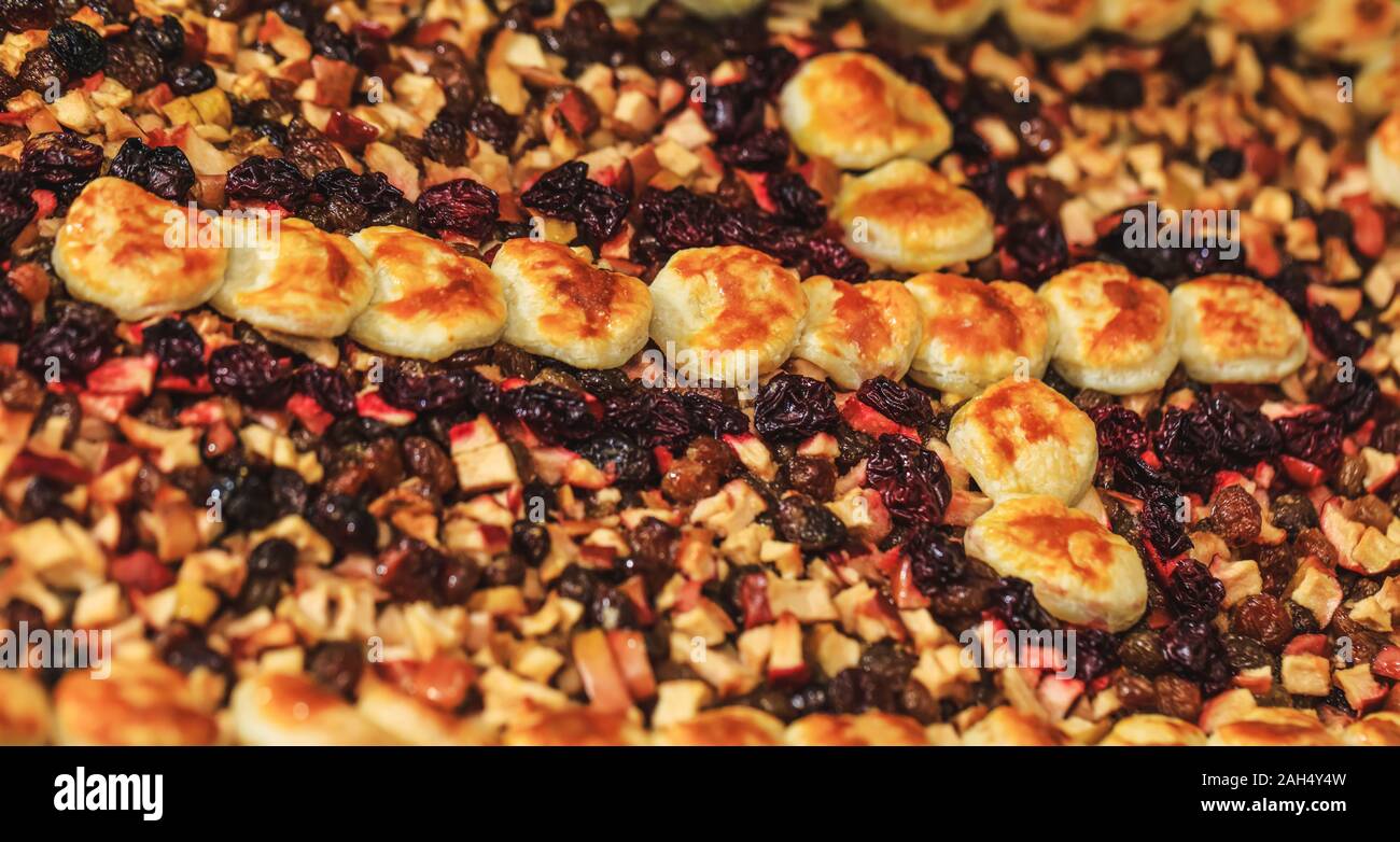 Easter cake or cross-buns in close up picture. Easter cross bread baked ...