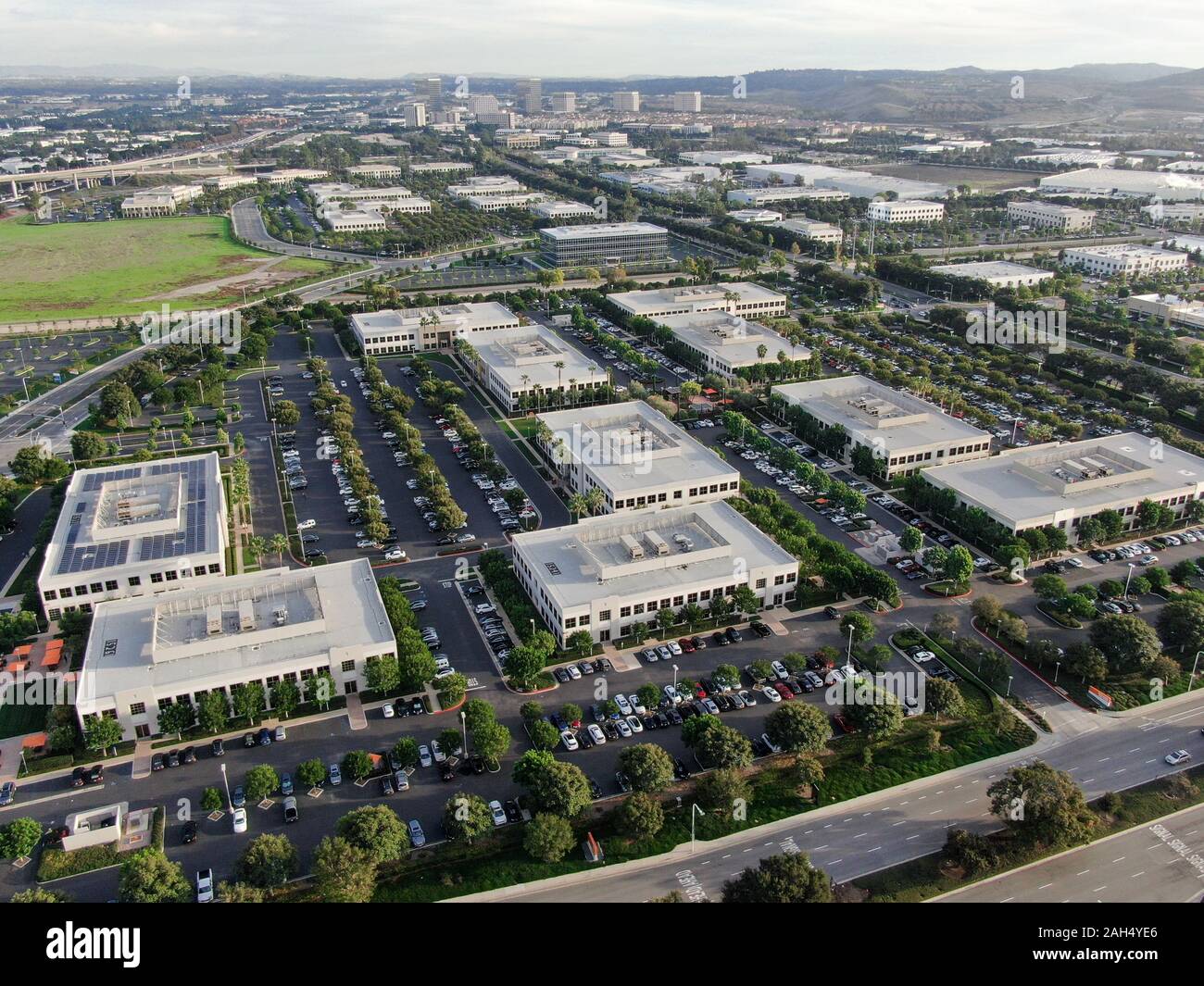 Aerial view of business and finance district with new office building ...