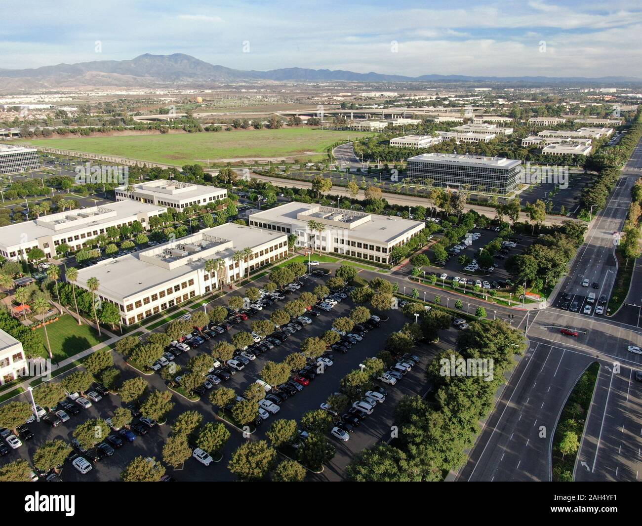Aerial view of business and finance district with new office building ...