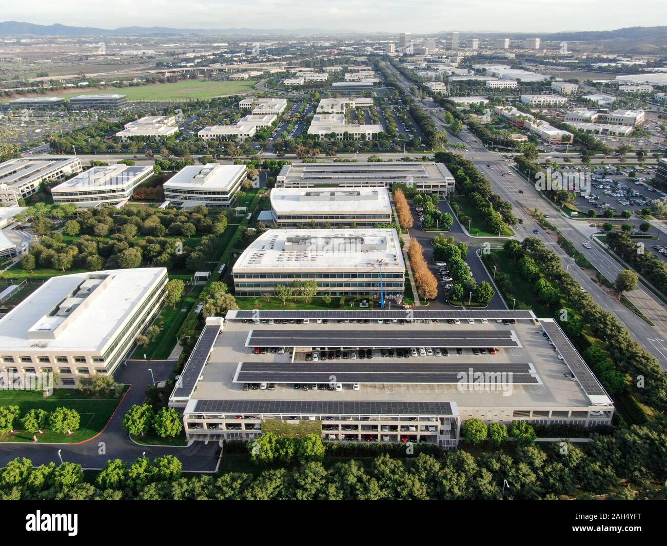 Aerial view of business and finance district with new office building ...