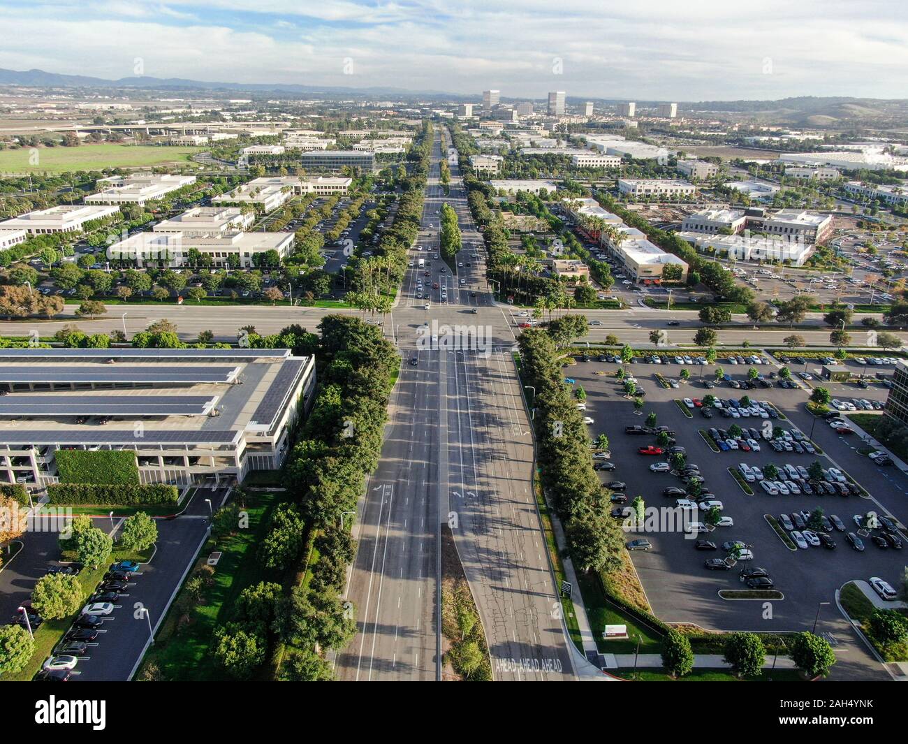 Aerial view of business and finance district with new office building ...