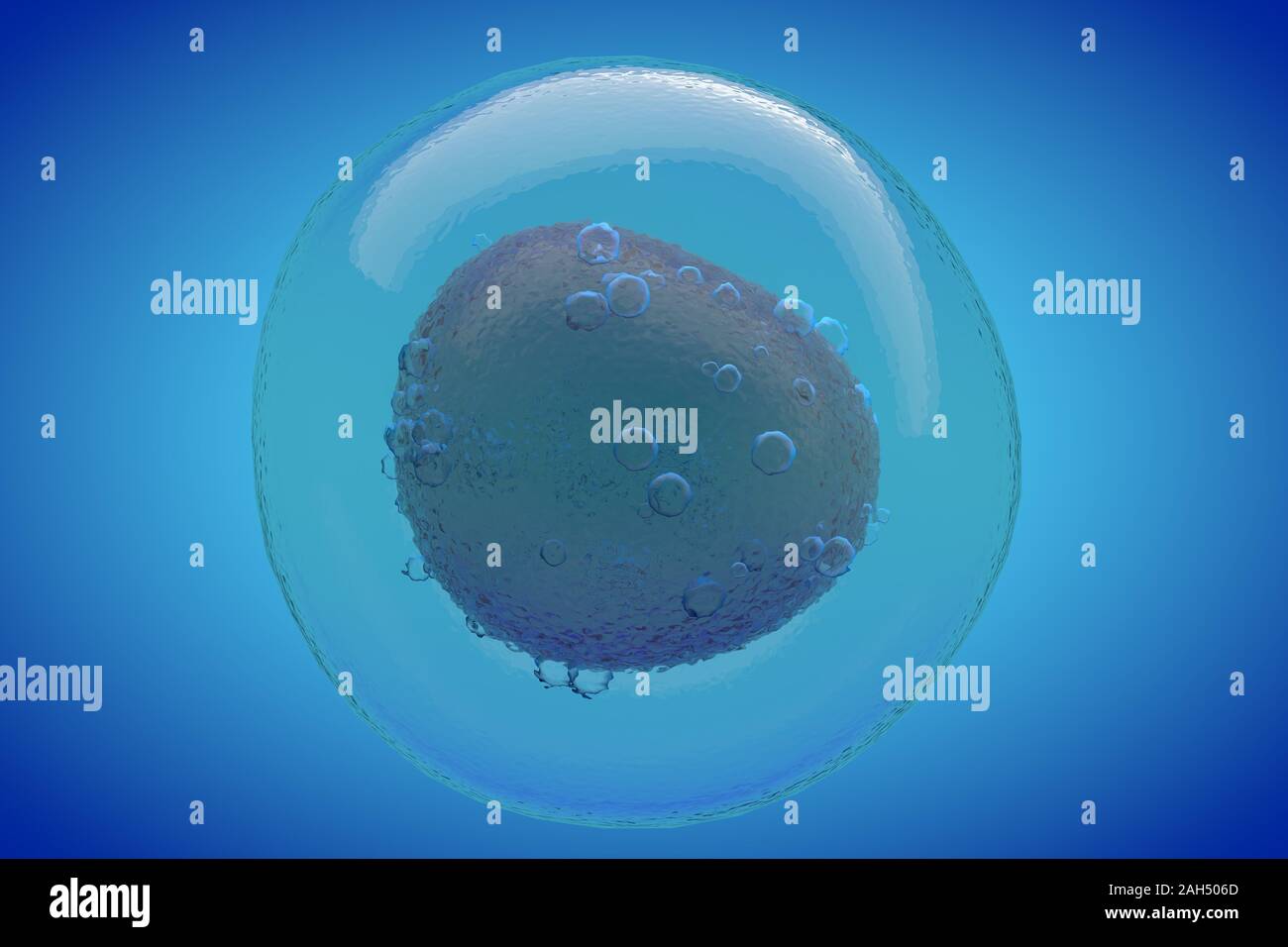 IVF cell and needle injecting, 3D CGI render with blue color, cell ...