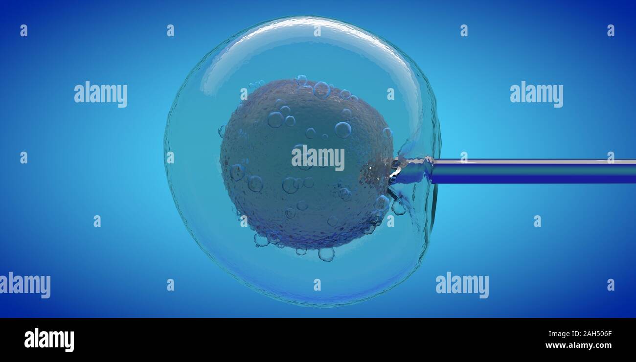 IVF cell and needle injecting, 3D CGI render with blue color, cell ...