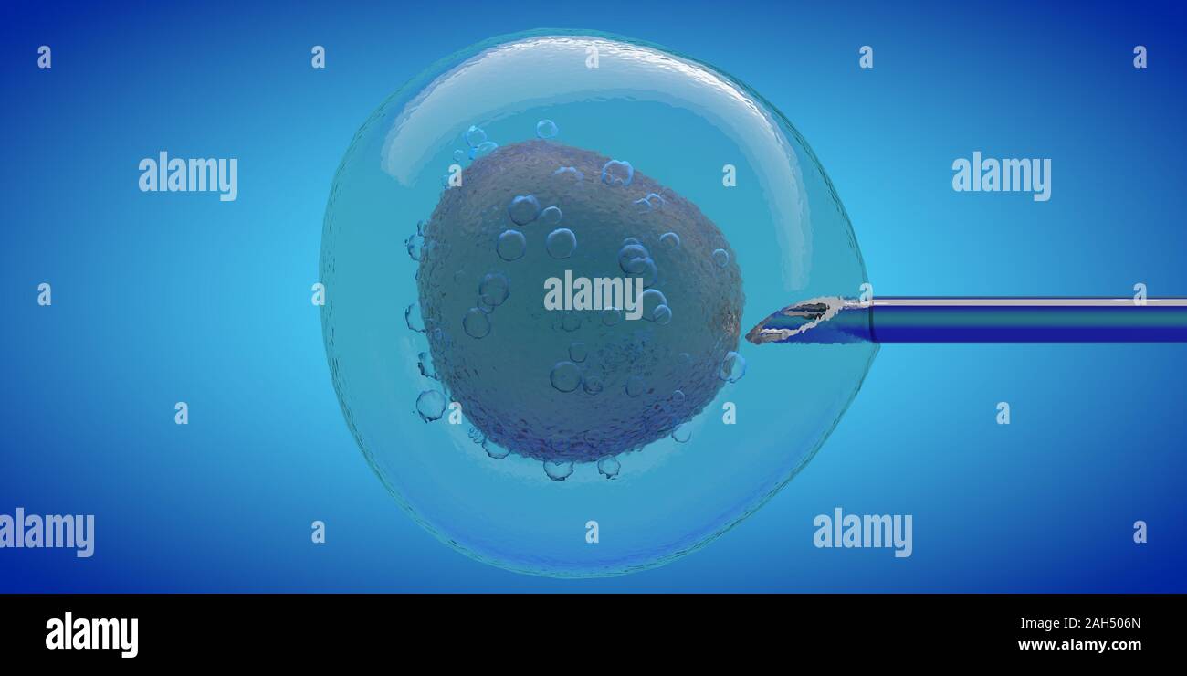 IVF cell and needle injecting, 3D CGI render with blue color, cell ...