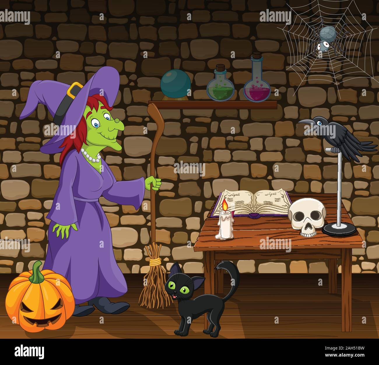 Cartoon witch holding a broomstick in the room Stock Vector Image & Art ...