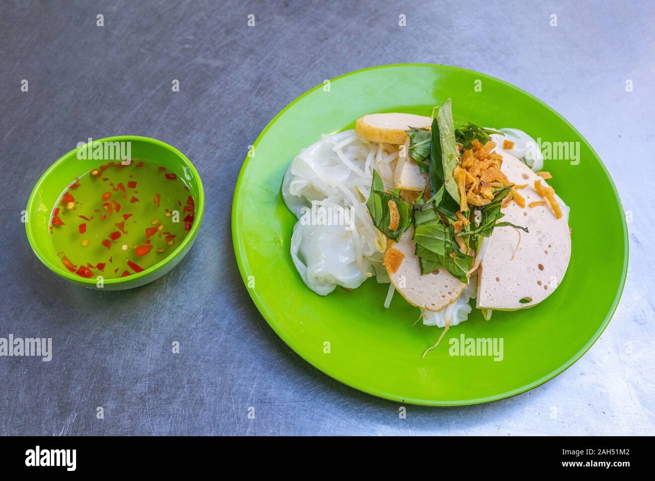 Vietnamese styled breakfast meal- steamed rice pancake, Banh Uot Stock ...