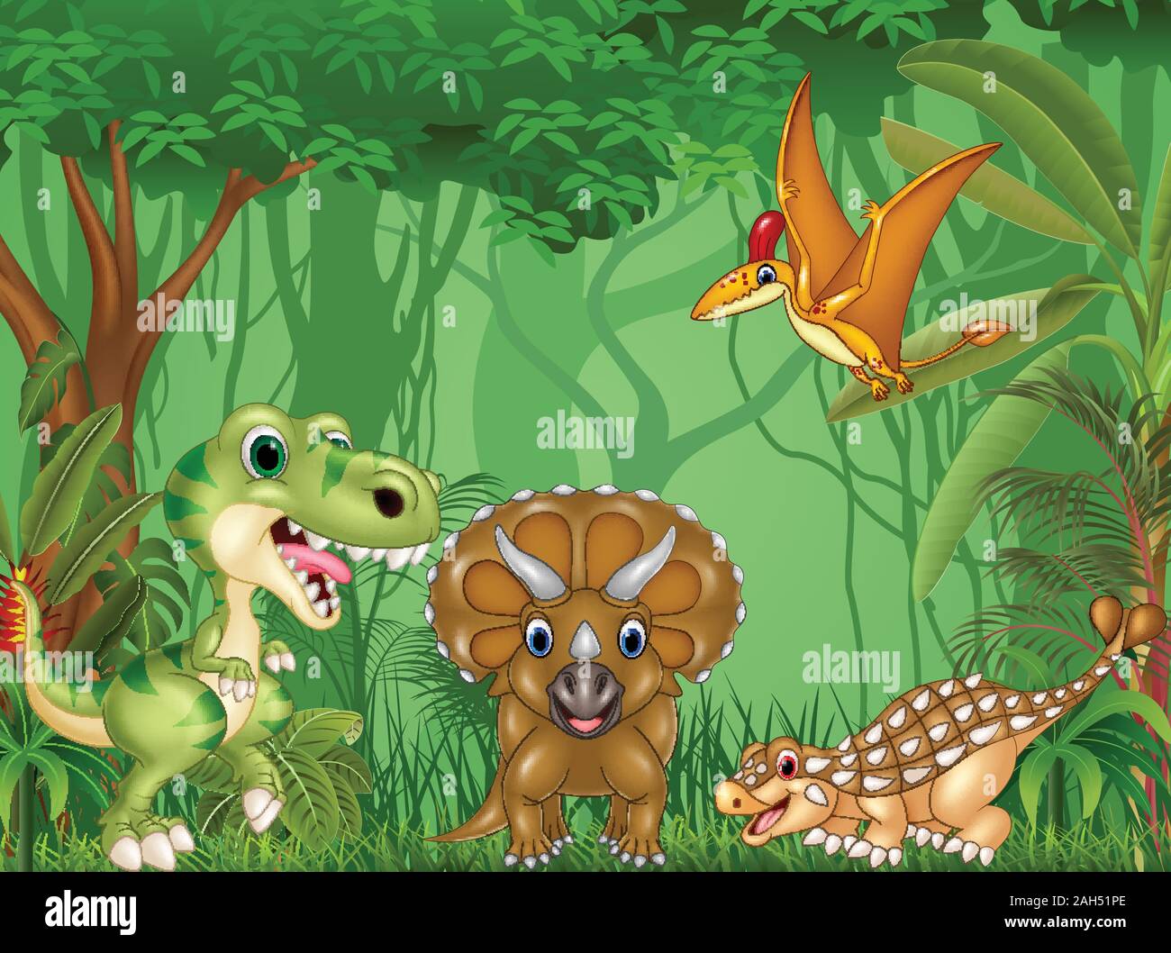 Cartoon happy dinosaurs in the jungle Stock Vector Image & Art - Alamy