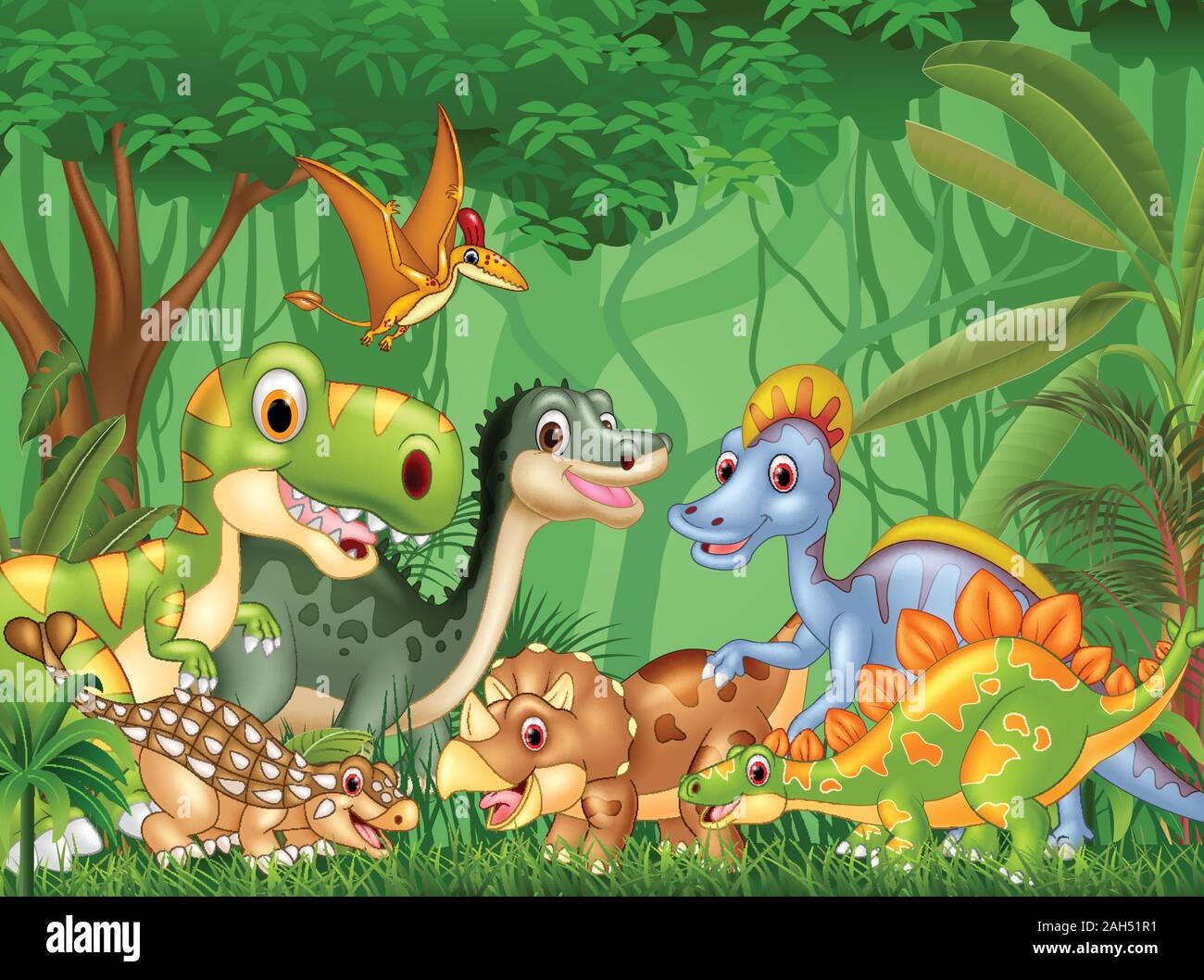 Happy cartoon dinosaur in jungle hi-res stock photography and images - Alamy