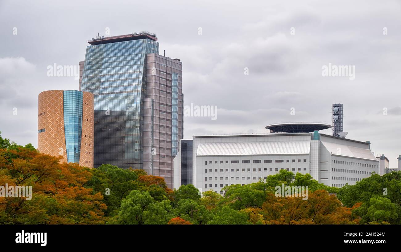 OSAKA, JAPAN - OCTOBER 14, 2019: The central buildings of Osaka (NHK ...