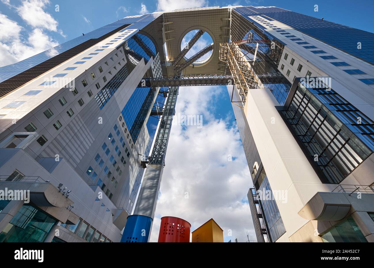 OSAKA, JAPAN - OCTOBER 15, 2019: The view from the ground up to the two ...