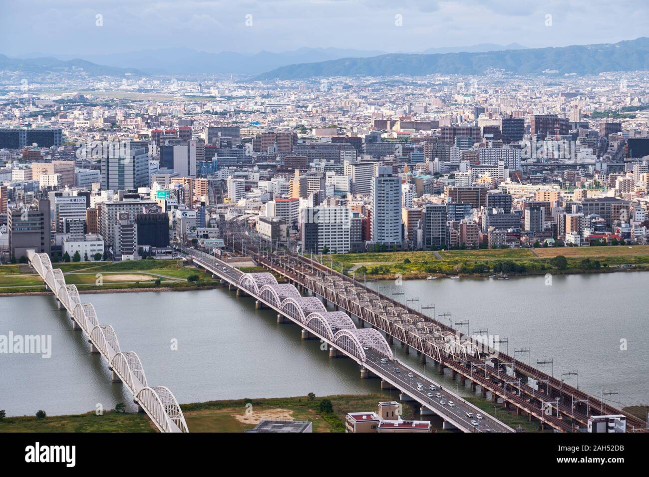 OSAKA, JAPAN - OCTOBER 15, 2019: The view of megapolis and Yodo River ...