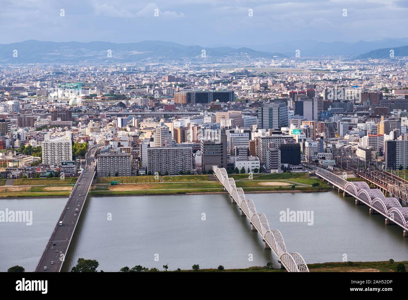 OSAKA, JAPAN - OCTOBER 15, 2019: The view of megapolis and Yodo River ...