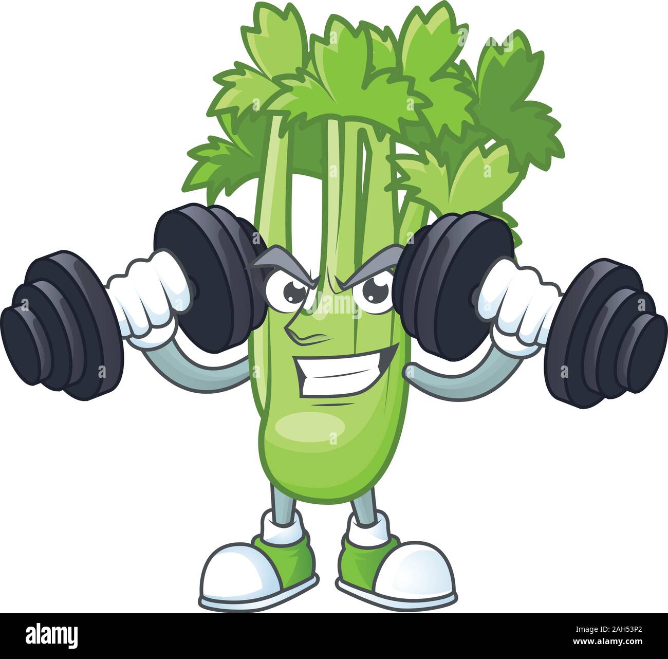 Fitness exercise celery plant mascot icon with barbells Stock Vector ...