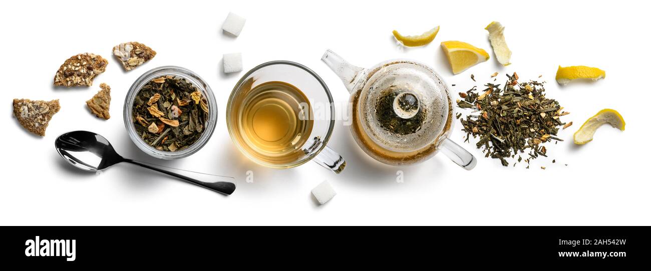 Green tea with natural aromatic additives and accessories. Top view on ...