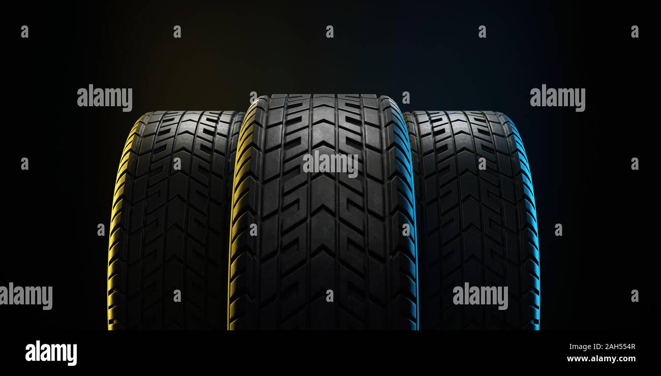 Three car tires lined up. 3d illustration Stock Photo - Alamy