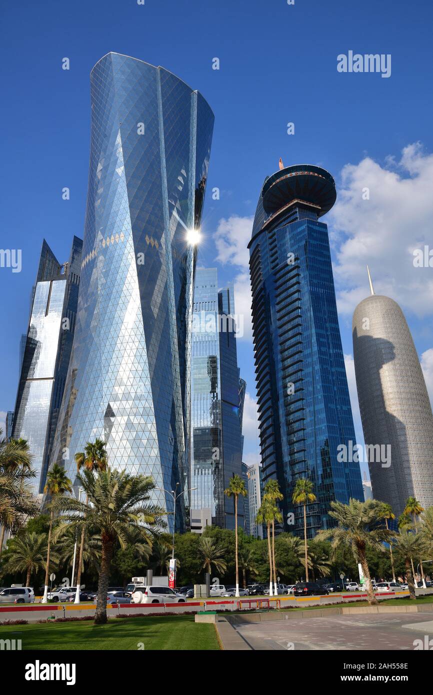 Doha, Qatar - Nov 24. 2019. Al Bidda Tower and a World Trade Center on ...