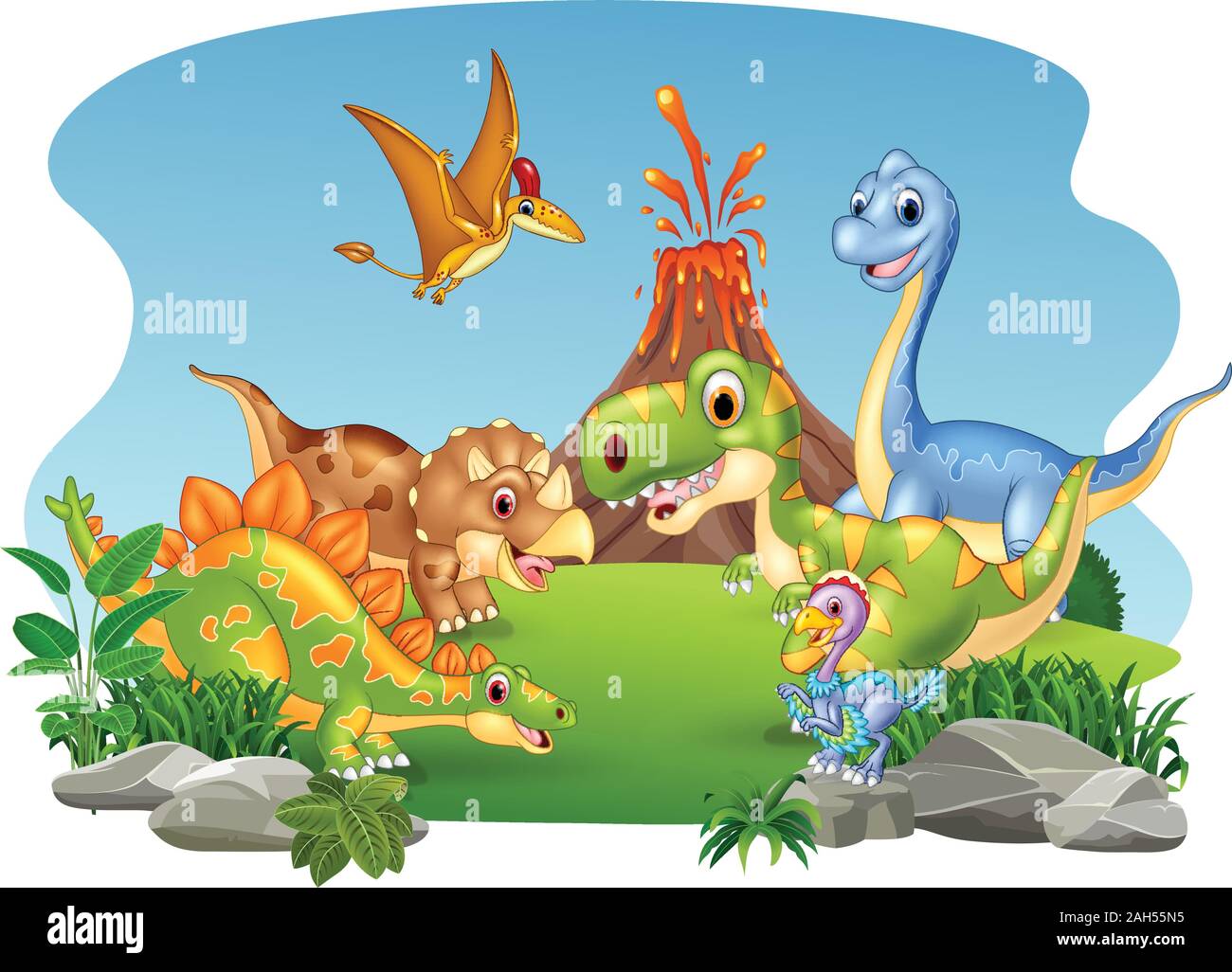 Cartoon happy dinosaurs in the jungle Stock Vector Image & Art - Alamy